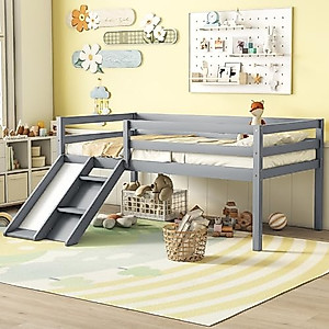 Twin Loft Bed with Slide, Twin Kids Loft Bed with Slide & Ladder, Wood Low Loft Bed Frame with Safety Guardrails, Sturdy Slat Support, Twin Kid Bed Low Loft Bed for Kid, Boys Girls, Grey