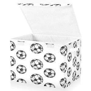 Large Collapsible Storage Bins with Lids, Soccer Balls Black White Storage Baskets Organizer Containers with Handles for Nursery Clothes Toys