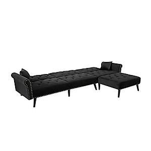 DERCASS Convertible Bed L-Shape Chaise Sectional Sleeper Button Tufted Sofa Velvet with Pillows Reversible Couch for Living Room (Black Sofa), W223S008SOFA