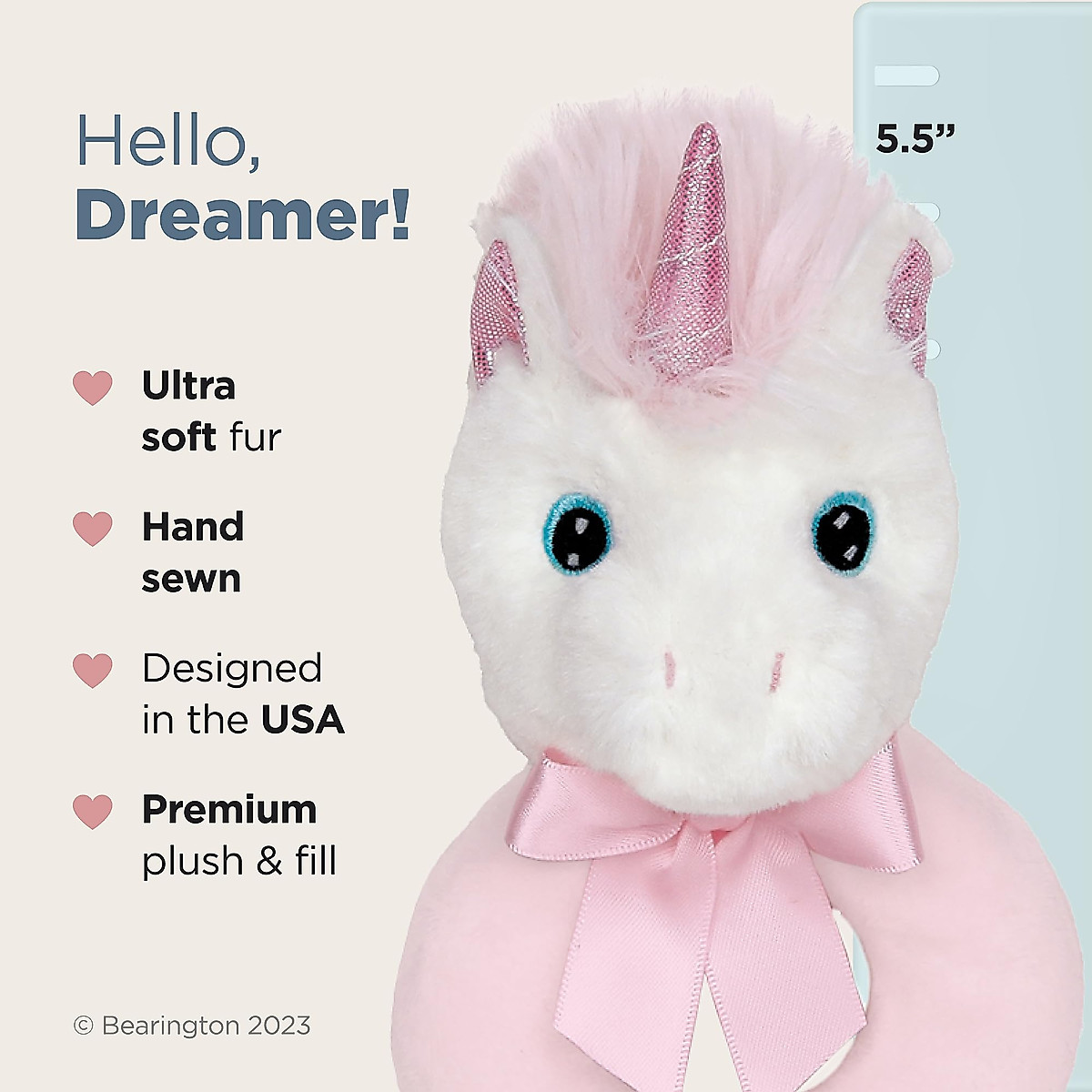 Bearington Collection Baby Dreamer, 5.5 Inch Unicorn Plush Stuffed Animal Soft Ring Rattle, Baby Stuff for Newborn