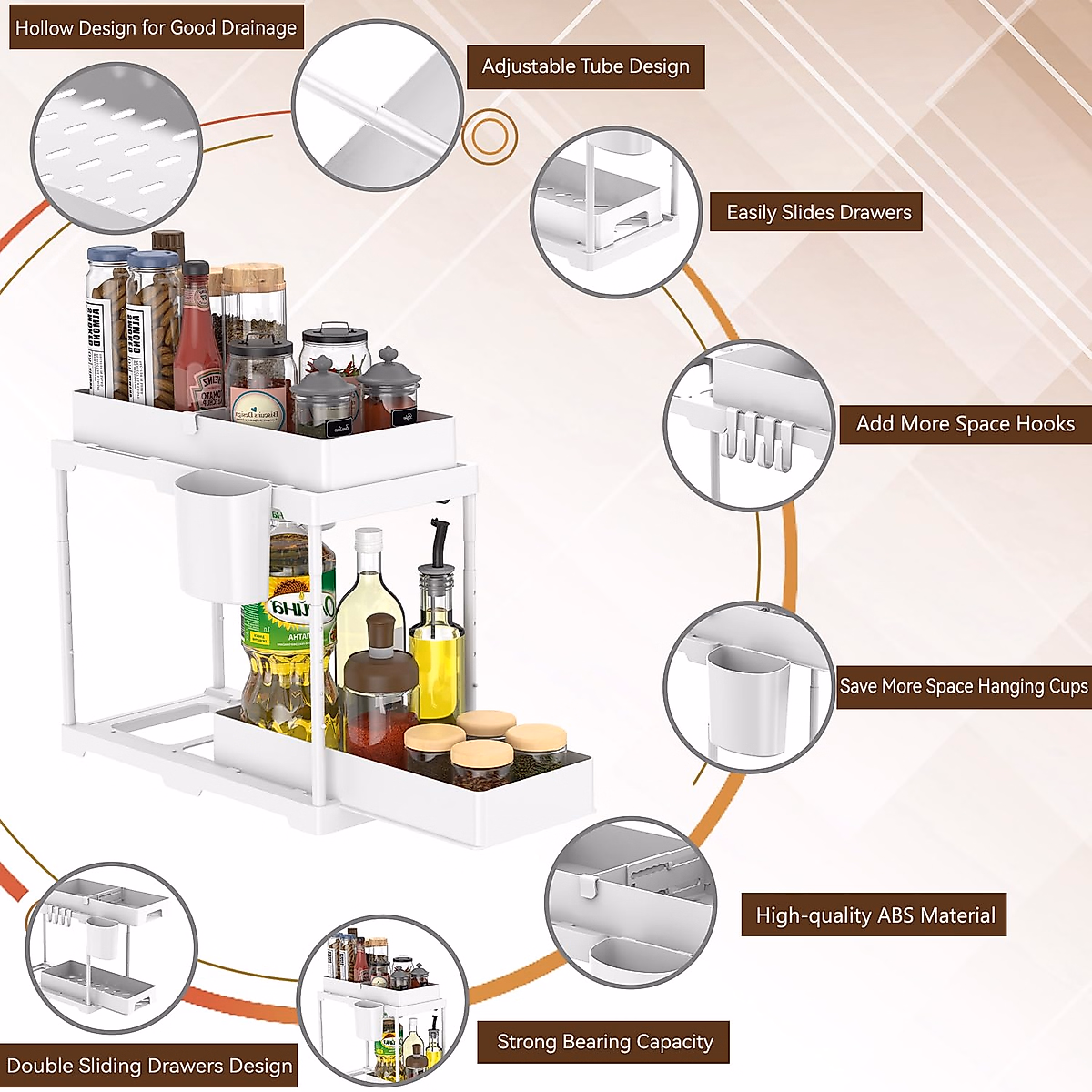 GAOLINE 2 Pack 2 Tier Under Sink Organizers and Storage,Under Bathroom Cabinet Organizer with Hooks Hanging Cup, Double Sliding Drawers Cabinet Basket Organizer for Bathroom, Up to 14.5 inches, White