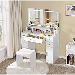 ANWBROAD Vanity Desk Set with Large LED Lighted Mirror Power Outlet Makeup Vanity Table 3 Color Lighting Modes Dressing Table with 5 Drawers and 2 Cabinets Cushioned Stool for Bedroom, White UBDT57W