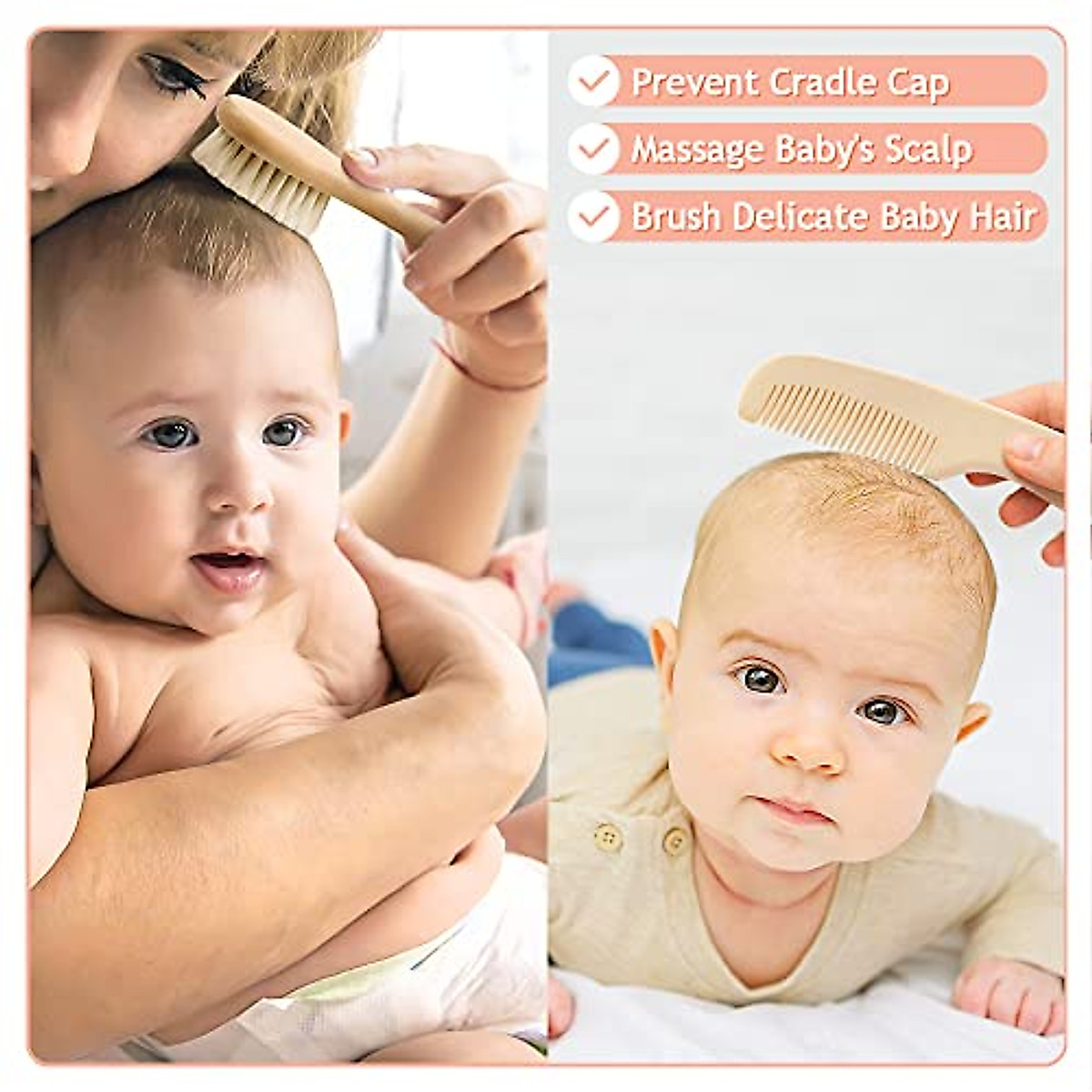 haakaa Baby Hair Brush and Comb Set for Newborns & Toddlers, Natural Hair Comb Wooden Comb Perfect Baby Shower and Registry Gift - Ideal for Cradle Cap