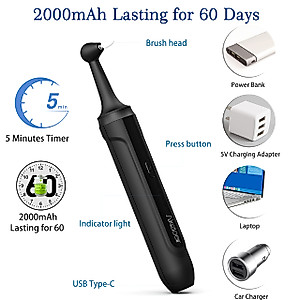 Akizbeir Electric Tooth Polisher, with 5 Replacement Heads, 2000mAh-Charging Model, Household Dental Tartar Calculus Remover Teeth Whitening Cleaning Kit for People and Pet Dog（Black）