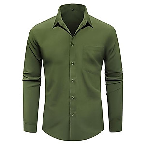 Men's Casual Button-Down Shirt Long Sleeve Regular Fit Dress Clothes Collared Plain Green XL Camisa De Hombre De Vestir