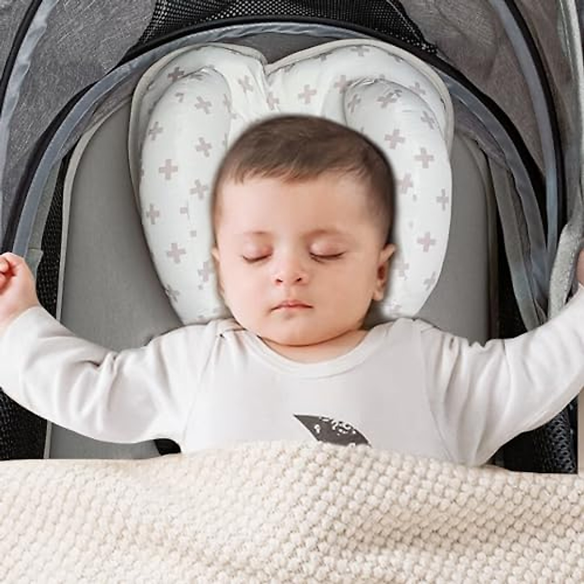 vocheer 2 in 1 Baby Travel Pillow, Baby Head Support Pillow Stroller Pillow with Banana Neck Pillow for Newborn,Light-Grey