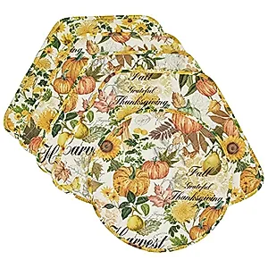 Sweet Pea Linens Quilted Bright Fall, Harvest, Sunflower and Pumpkin, Wedge-Shaped Placemats - Set of Four Plus Center Round-Charger