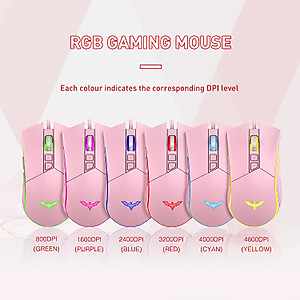 havit RGB Gaming Mouse Wired Programmable Ergonomic USB Mice 4800 Dots Per Inch 7 Buttons & 7 Color Backlit for Laptop PC Gamer Computer Desktop (Pink)