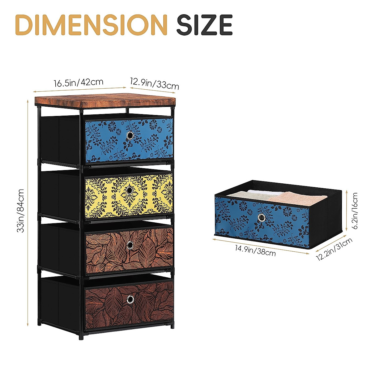 Dresser for Bedroom, 4 Tier Fabric Dresser Tower for Clothes, Drawers Storage with Four Drawers Nightstand with Drawers Retro Cloth Dressers for Bedroom, 16.5 * 12.9 * 33.0in