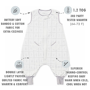 Tealbee DREAMSUIT: Toddler Sleep Sack with Feet 12-18 Months, 18-24 Months - 1.2 TOG Four Season Baby Wearable Blanket for Walkers - Bamboo, Organic Cotton Sleeping Bag (12m-2T) - Alphabet