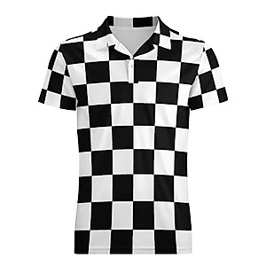 Ykklima Black White Race Checkered Flag Pattern Mens Polo Shirts Short Sleeve Moisture Wicking Fashion Shirt for Men