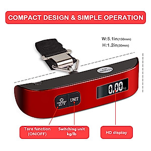 travel inspira Luggage Scale, Portable Digital Hanging Baggage Scale for Travel, Suitcase Weight Scale with Rubber Paint, 110 Pounds, Battery Included - Red