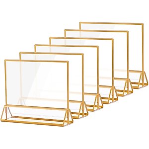 AMEITECH 6 x 4 Horizontal Acrylic Sign Holder with Gold Borders, Clear Double Sided Table Menu Stands Picture Frames for Wedding Table Numbers, Restaurant Signs, Photos and Art Display - 6 Pack