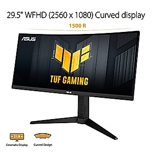 ASUS TUF Gaming 30” 21:9 1080P Ultrawide Curved HDR Monitor (VG30VQL1A) - WFHD (2560 x 1080), 200Hz (Supports 144Hz), 1ms, Extreme Low Motion Blur, FreeSync Premium, Eye Care, DisplayPort, HDMI,Black