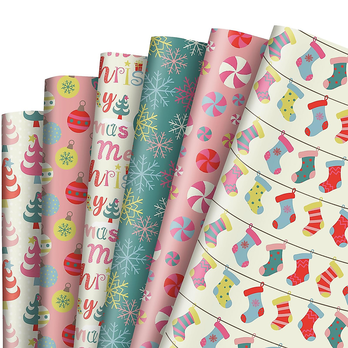 AnyDesign 12 Sheet Christmas Wrapping Paper Pink Blue Xmas Tree Snowflake Candy Cane Gift Wrap Paper Bulk Winter Decorative Art Paper for Birthday Baby Shower, Folded Flat, 19.7 x 27.6 Inch