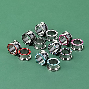 TBOSEN 12Pcs Stainless Steel Screw Fit Ear Tunnels Single Row Inlaid Color Diamond Gem Tunnels Piercing 8G-9/16inch