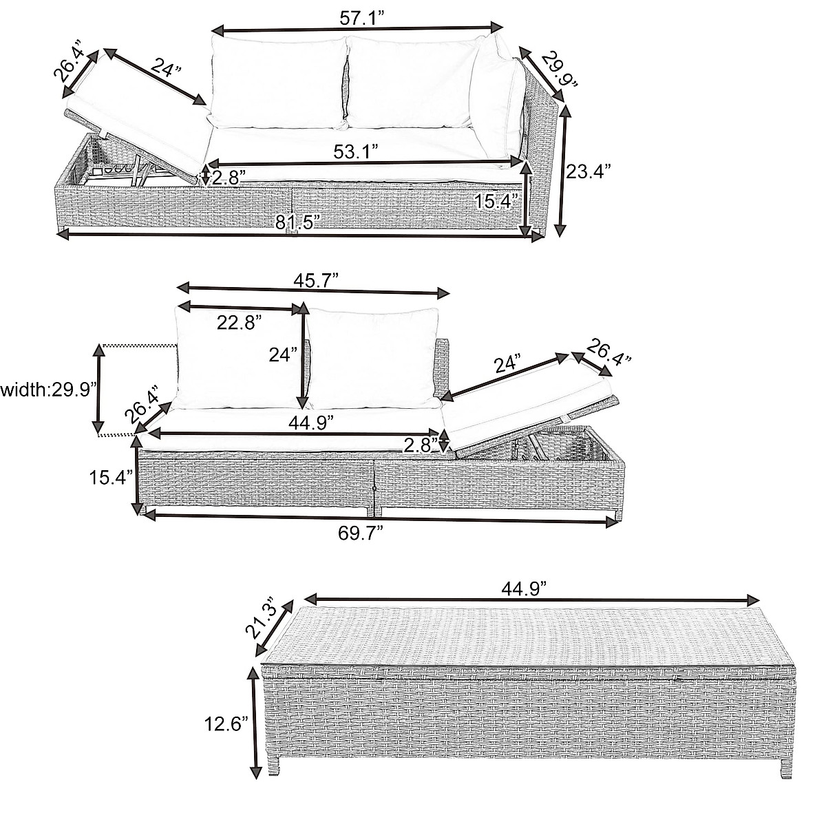 BIADNBZ 3-Piece Outdoor Rattan Sectional Sofa Furniture Set, All Weather PE Wicker Patio Couch with Adjustable Chaise Lounge Frame and Tempered Glass Table, Natural Brown+ Beige Cushion