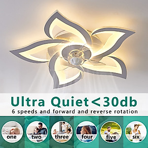 HuixuTe Ceiling Fan with Lights Remote Control, 3 Colors, 6 Speeds, 24" Geometric Bladeless Ceiling Fan, White Low Profile Ceiling Fan with Light for Kitchen Bedroom