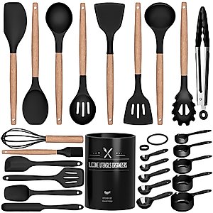 Kitchen Utensils Set, 26 Pcs Non-Stick Silicone Cooking Utensils Spatula Set with Holder, Sturdy Wooden Handle, Heat Resistance Silicone Kitchen Gadgets Utensils Set, Black