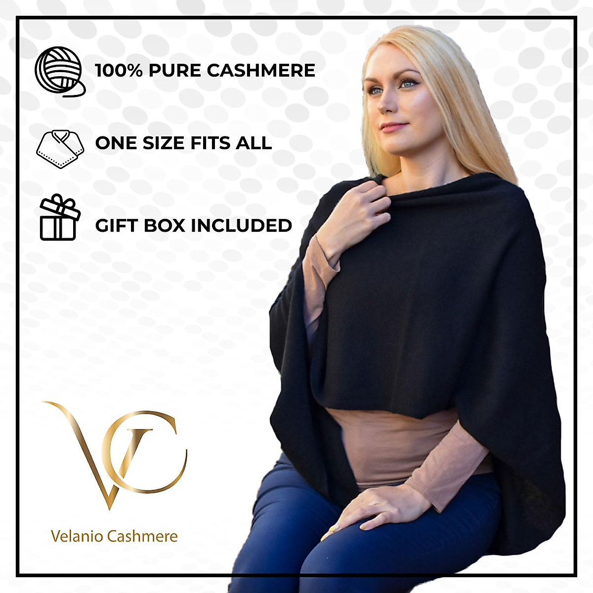 Velanio Cashmere Cashmere Knitted Poncho 100% Mongolian Cashmere Dress Topper for Women Wrap [Gift Box]