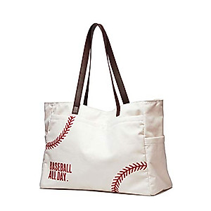 XL Baseball Mom Tote Bags For Women Canvas Utility Purse Handbag with Pockets Embroidery Baseball Prints Shoulder Beach Bag Baseball Stuff Gifts for Baseball Mom Boys Girls Lover (X-Large, White）
