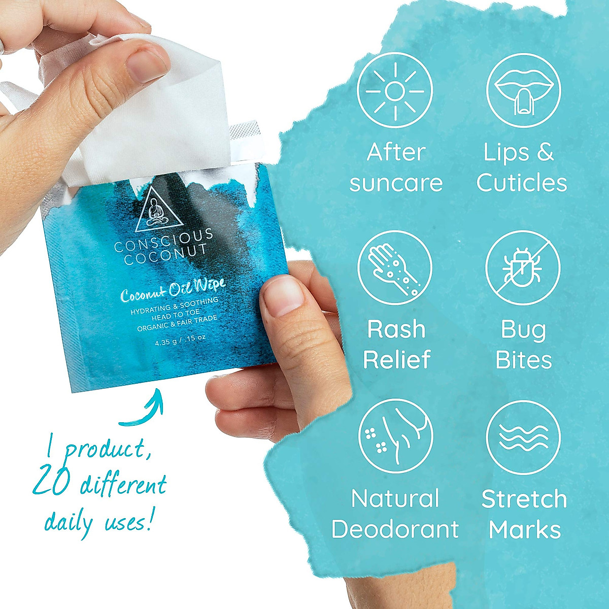 Conscious Coconut - Coconut Oil Facial Cleansing Wipes, On-the-go Makeup Remover from Virgin Coconut Oil, Individually Packed Organic Coconut Oil Wipes - For Face and Body (25 Count)