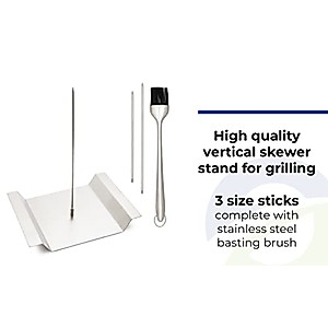 Rossbright Skewer Hack for BBQ - 3 Stick Sizes - Stainless Steel Stand for Upright, Vertical Grilling - Ideal Holder for Brazilian Meats, Gaucho Style, Chicken, Steak - Complete with Basting Brush
