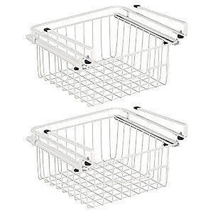 mDesign Compact Hanging Pullout Drawer Basket - Sliding Under Shelf Storage Organizer - Metal Wire - Attaches to Shelving - Easy Install - for Kitchen, Pantry, Cabinet - 2 Pack - White