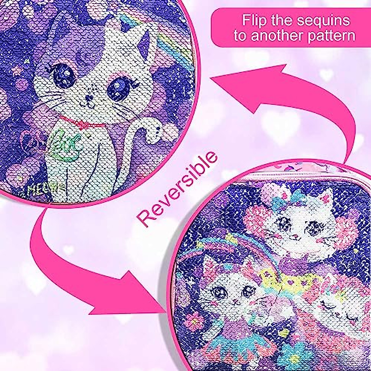 UFNDC 4PCS Rolling Backpack for Girls, Kids Cat Sequin Wheeled Bookbag ，Travel Roller School Bag with Wheels