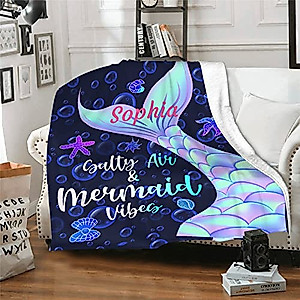 Personalized Mermaid Blanket Custom Name Blanket for Girls Women Customized Mermaid Tail Scale Blanket Cute Animal Soft Cozy Lightweight Fleece Throw Blanket Birthday Gift For Sofa Bed XS For Toddlers