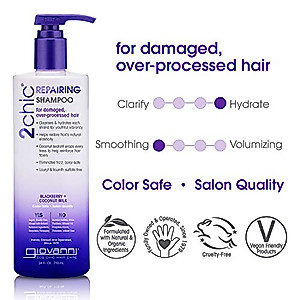 GIOVANNI 2chic Ultra-Repairing Shampoo - For Damaged, Over-Processed Hair, Helps Restore Hair's Natural Elasticity, Blackberry & Coconut Oil, Argan, Shea Butter, Color Safe - 24 oz
