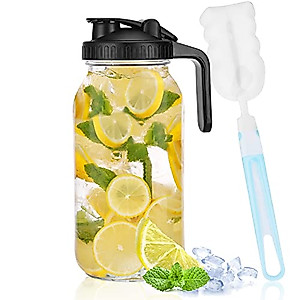 CUCUMI 1 Pack 64oz Wide Mouth Glass Mason Jar Pitcher, 2 Quart Heavy Duty Glass Pitcher with Lid and Spout for Cold Brewed Tea, Juice,Coffee, Milk