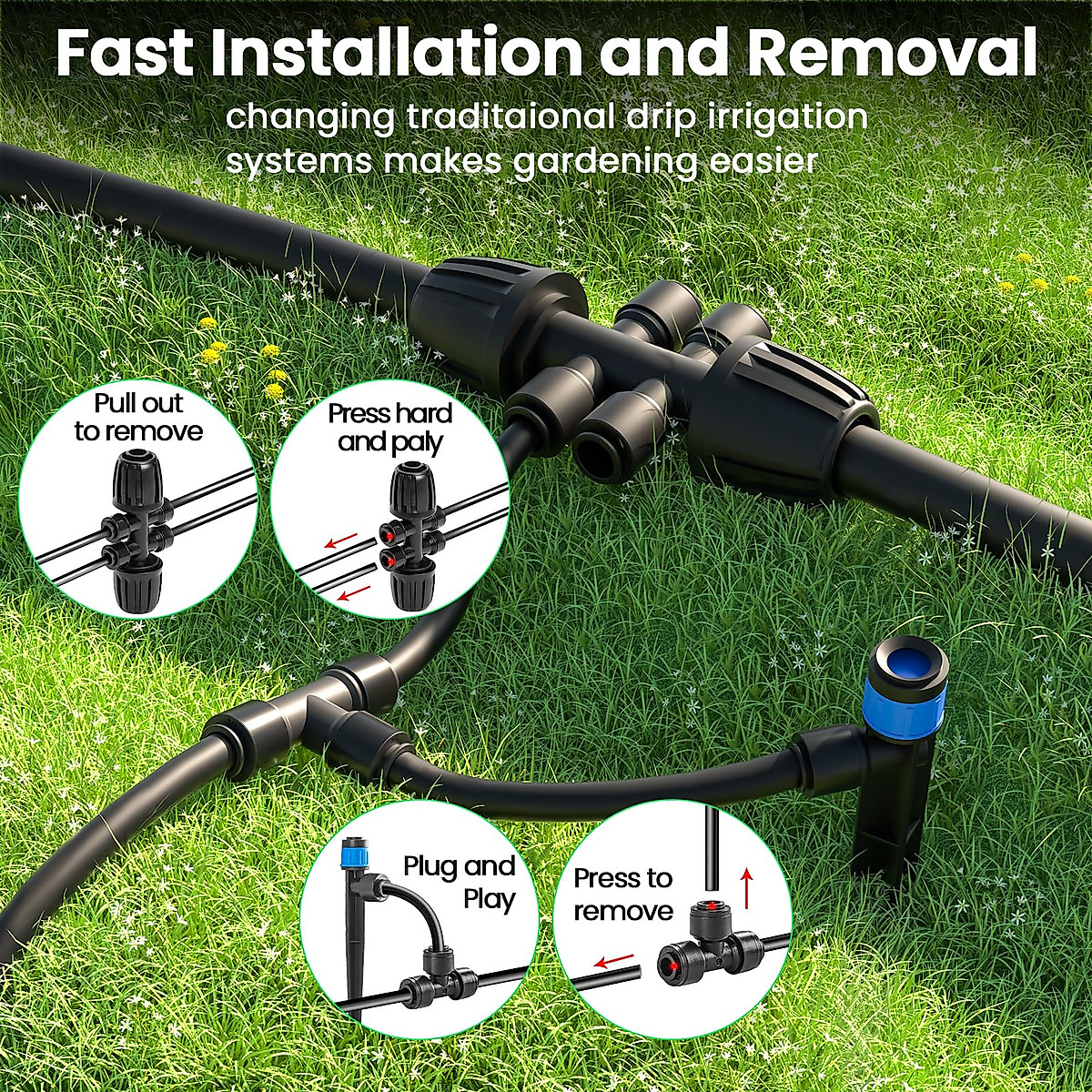 MIXC Drip Irrigation System, 95FT Quick Efficient Connector Garden Irrigation System Plants Watering System For Lawn Patio Raised Bed Automatic Irrigation Equipment With 1/2''&1/4"Tubing,Drip Emitters