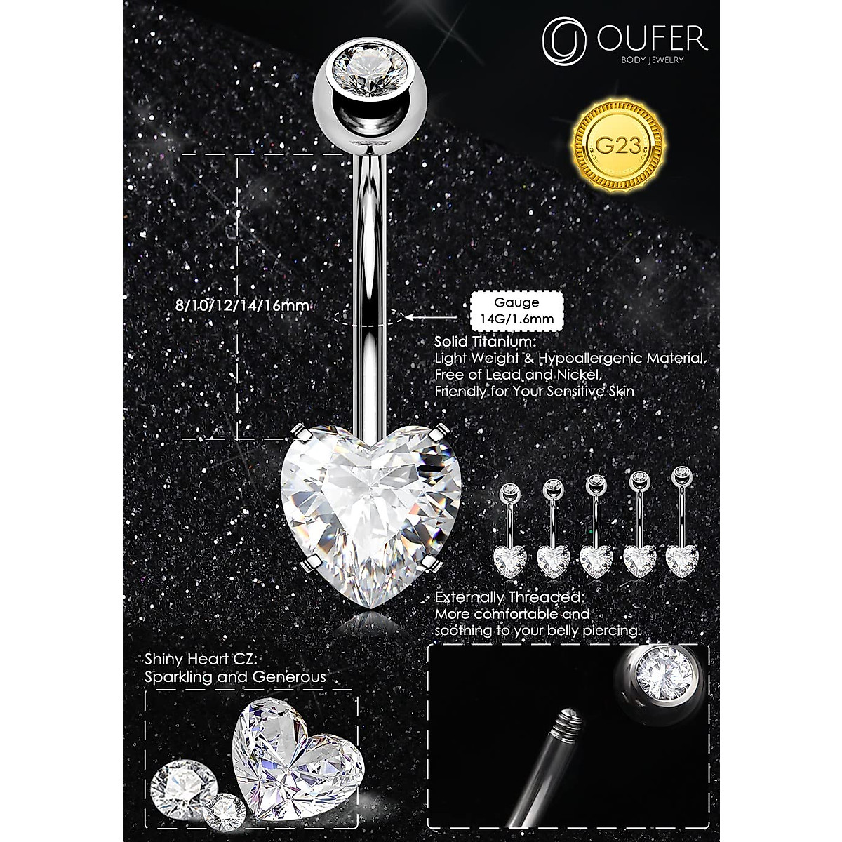OUFER 14G Belly Rings, Long Belly Button Rings, G23 Solid Titanium Belly Piercing Jewelry, Heart Shaped Navel Piercing Jewelry, Belly Rings for Women Men-16mm