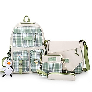 MININAI 4PCS Aesthetic College Backpack Set with Plushies Kawaii Large Backpack 15.6" Laptop Preppy Daypack Cute Backpack (Green,One Size)