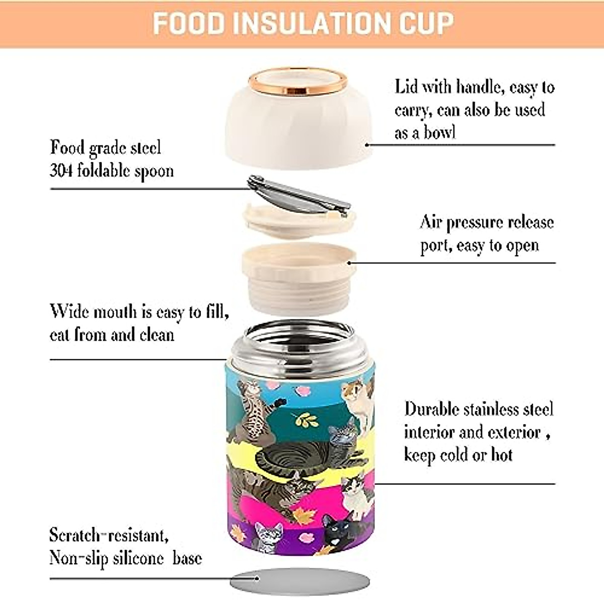 CUPADA Cute Cats Kittens Food Jar, Colorful Stripes Insulated Hot Food Jars Vacuum 17OZ with Folding Spoon for Work Trip Picnic Camping