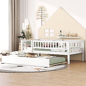 Harper & Bright Designs Twin Size Daybed with Trundle, Wood Kids Twin Platform Bed Frame with Rails, No Box Spring Needed, Easy Assembly (White)