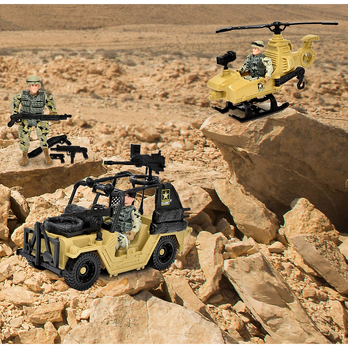 US Army Men Action Figure Toy Playset for Boys Desert Forces and Rescue Team Military Vehicle, Rescue Boat and Helicopter 4 Military Men Action Figures with Weapon Accessories and Top Secret Notepad