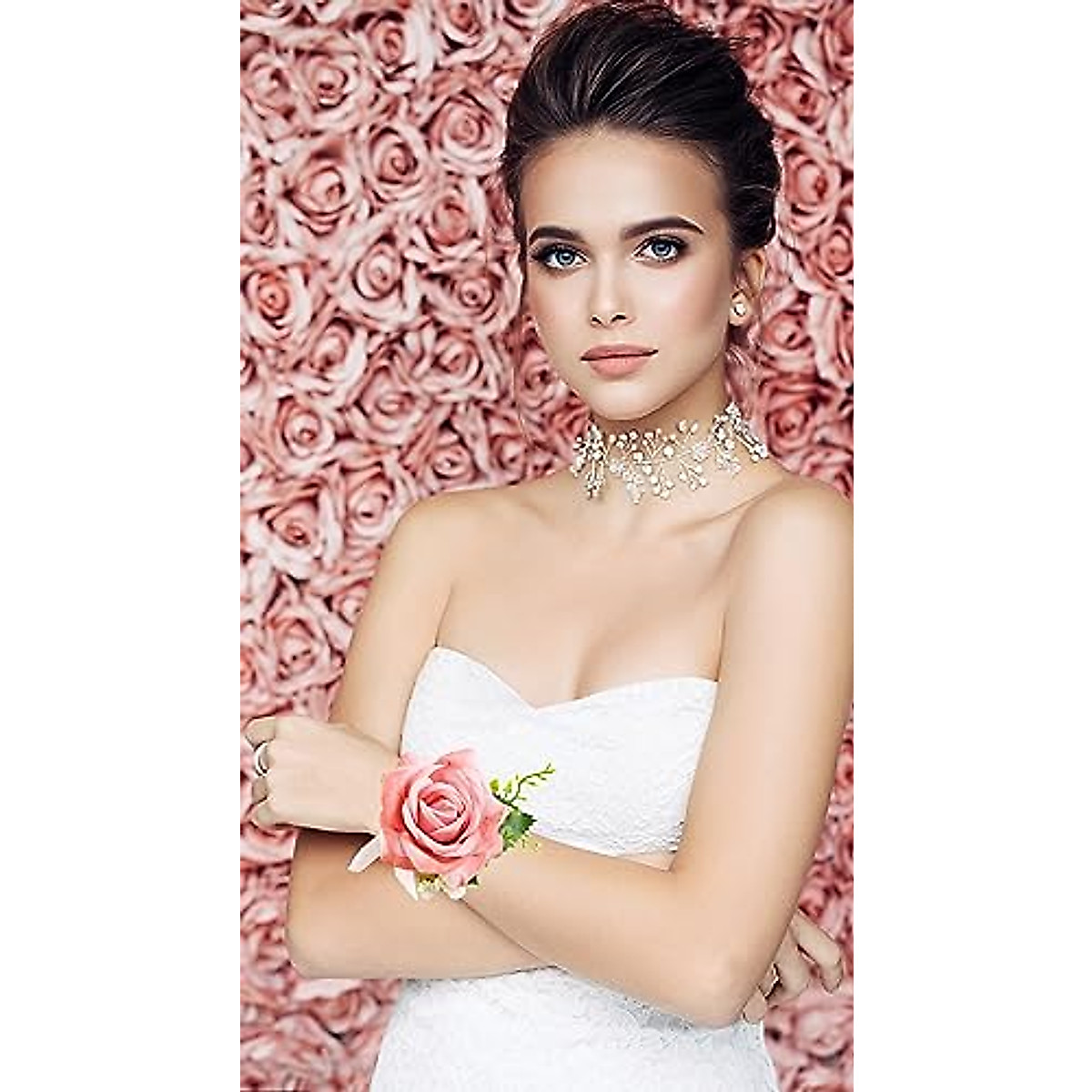 Helera Handmade Corsage and Boutonniere Set, Rose Wrist Corsage and Men Boutonniere for Wedding Party Prom Anniversary Homecoming Decorations (Pink)