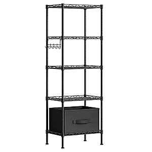 HOOBRO 5-Tier Storage Rack, Wire Shelving Unit with Adjustable Shelves, Standing Metal Shelf with Removable Drawer and 5 Hooks for Bathroom, Living Room, Bedroom, Kitchen, Black BK25CJ01