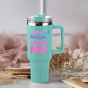 40 Oz Insulated Tumbler with Handle and Straw,A Girl Who Love Mike Stainless Steel Vacuum Insulated Travel Mug,Leak-proof Water Bottle Iced Coffee Cup,Gradient Text