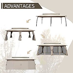 Joyside 10x20 ft Outdoor Gazebo, Double-Tier Roof Gazebo Tent with Curtains and Nettings, Patio Spacious Carport Gazebo with Metal Steel Frame Suitable for Lawn, Backyard Patio, Beige