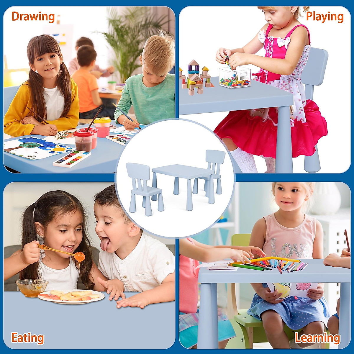 Saicool Kids' Table with 2 Chairs Set,3 Pieces Plastic Activity Table with Chair set for Toddlers, for Classroom or Home, Blue