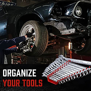 ALOANES 26-Slot Metal Wrench Organizer, Heavy Duty Wrench Organizer Tray for Tool Box, Professional Fit SAE & Metric Wrench Storage, 2 Pack Wrench Holders(Red&Black)