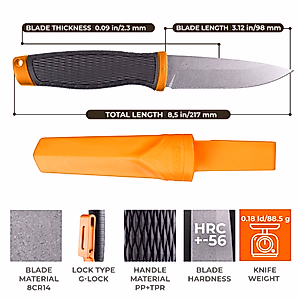 Ganzo G806-OR Fixed Blade Knife 8CR14 Stainless Steel Blade Ergonomic Anti-Slip Handle Camping Hunting Fishing Outdoor EDC Knife with Sheath (Orange)