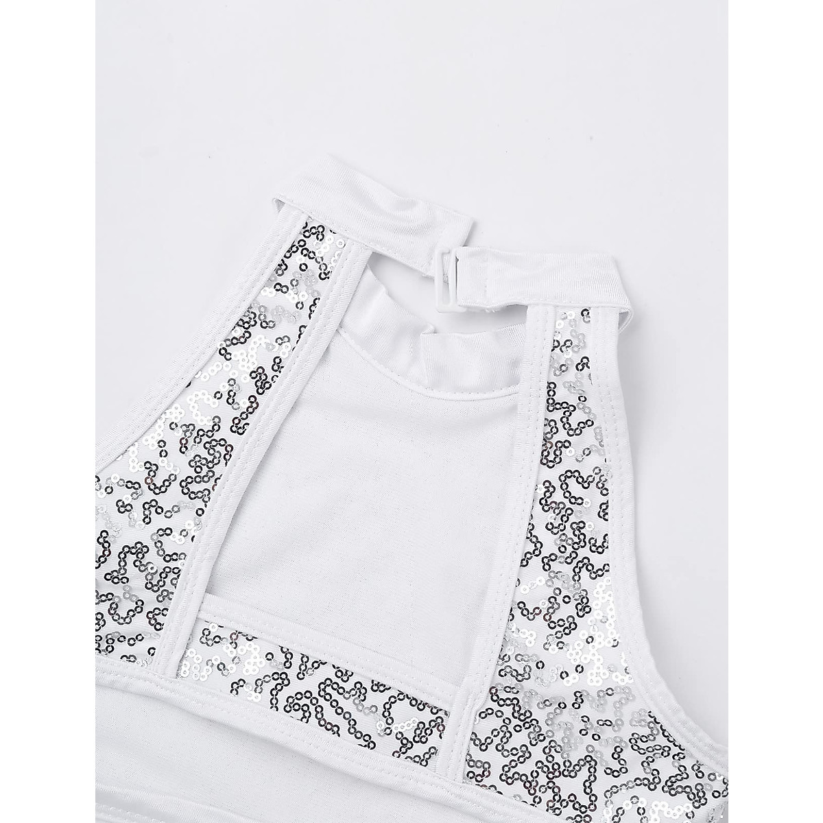 Jowowha Girls Sparkly Sequins Cutout Back Gymnastic Leotards Halter Neck One-Piece Ballet Dance Unitard Top Bodysuit Jumpsuit White 10 Years