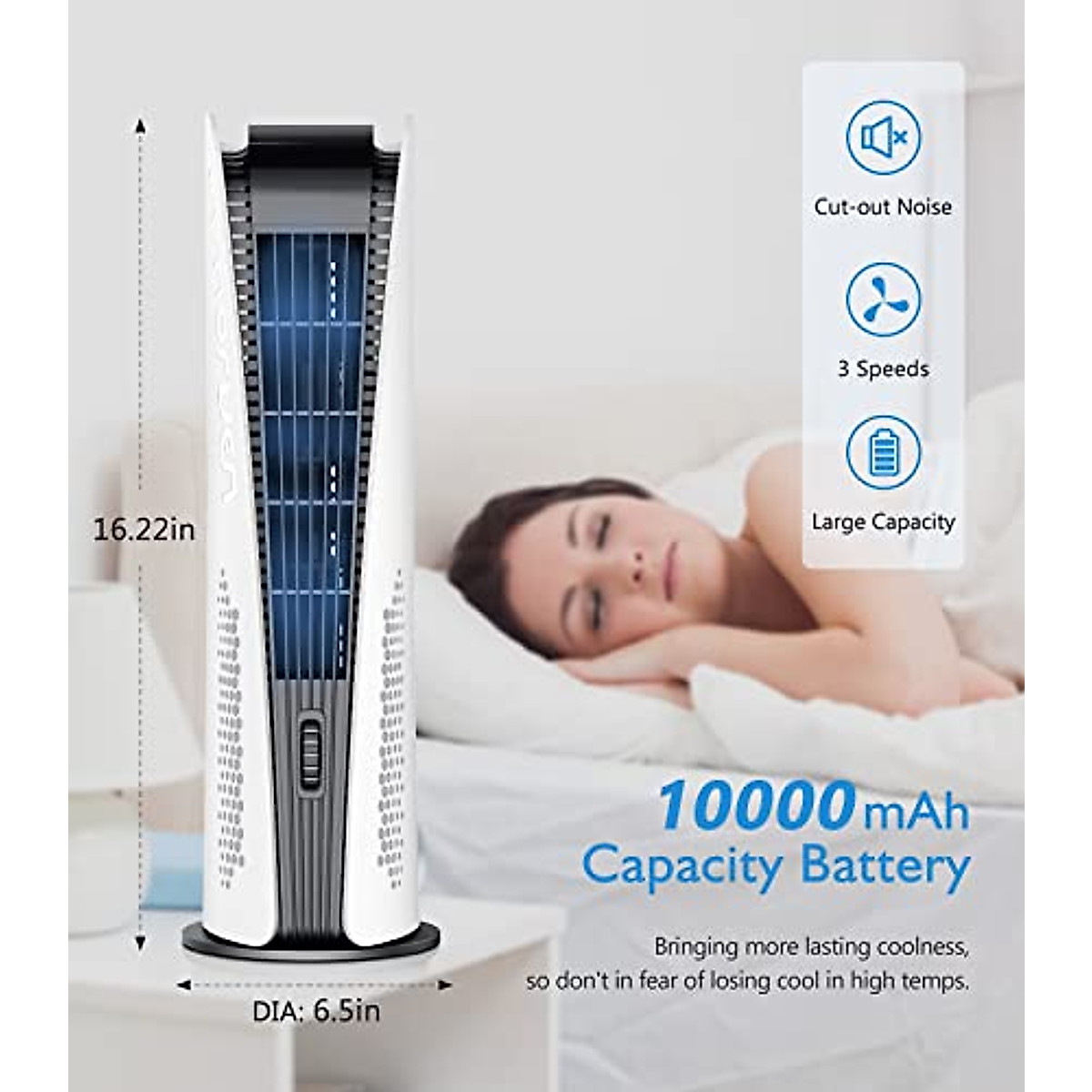 CONBOLA Desk Fan for Bedroom with Cold Air for Home, 16" Battery Operated Bladeless Rechargeable Fan, 10000mAh Small Tower Fan, Quiet Oscillating Portable Fan with 3 Speeds Timer LED Light, Office