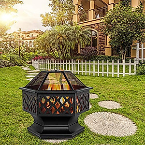 Douup 24-Inch Outdoor Fire Pit with Mesh Screen and Poker Hex Shaped Metal Wood Burning Bonfire Pit for Outdoor Camping Patio Backyard Garden - 8" Deep Bowl