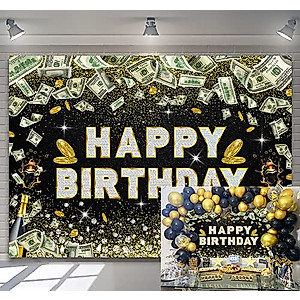 7x5ft Dollar Bill Black Gold Birthday Backdrop Glitter Diamond Champagne Background Money Casino 16th 18th Boy Girl Party Photo Booth Supplies