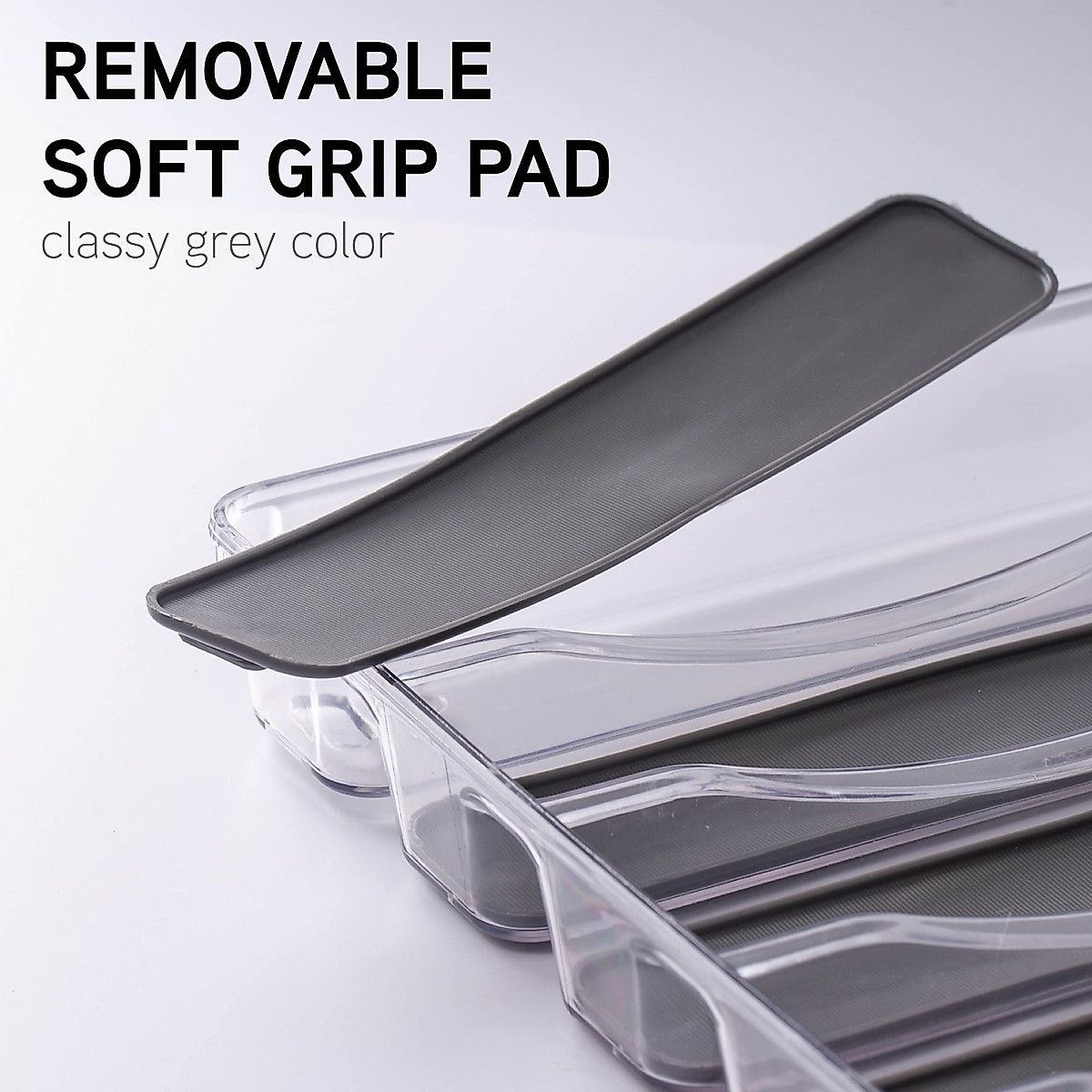 SIMPLEMADE Silverware Organizer Tray Set - 3 Piece Flatware Organizer for Drawer - Clear Cutlery Tray Drawer Insert with Easy Clean Liner - Multipurpose Storage for Kitchen, Office, Bathroom (Grey)